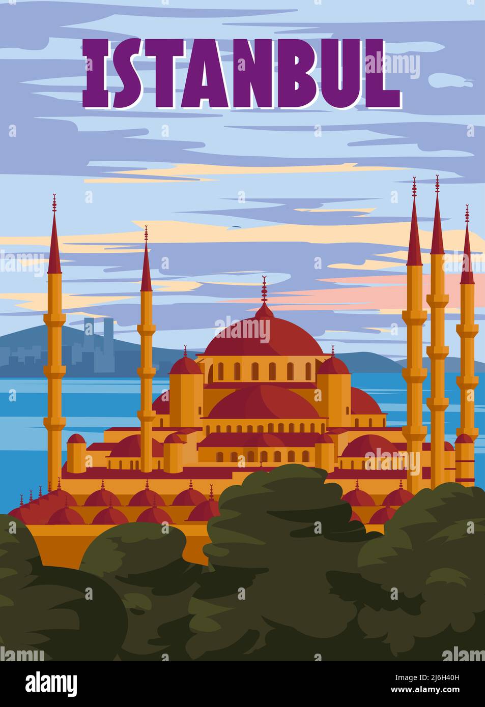 Istanbul retro poster, sunset city Turkey, Noble Hagia Sophia Grand ...