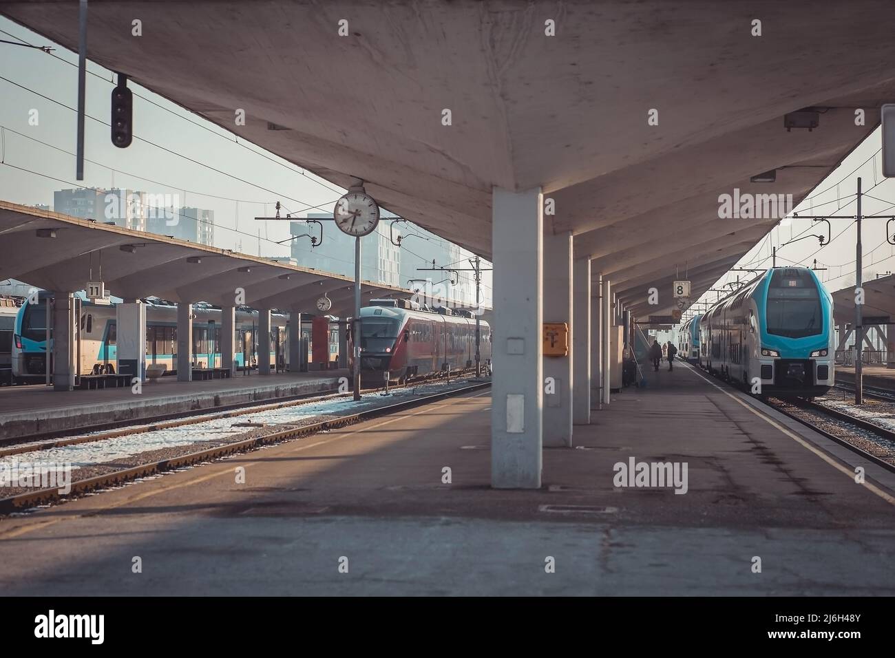 Modern double decker train is standing in the city centre in Ljubljana ...