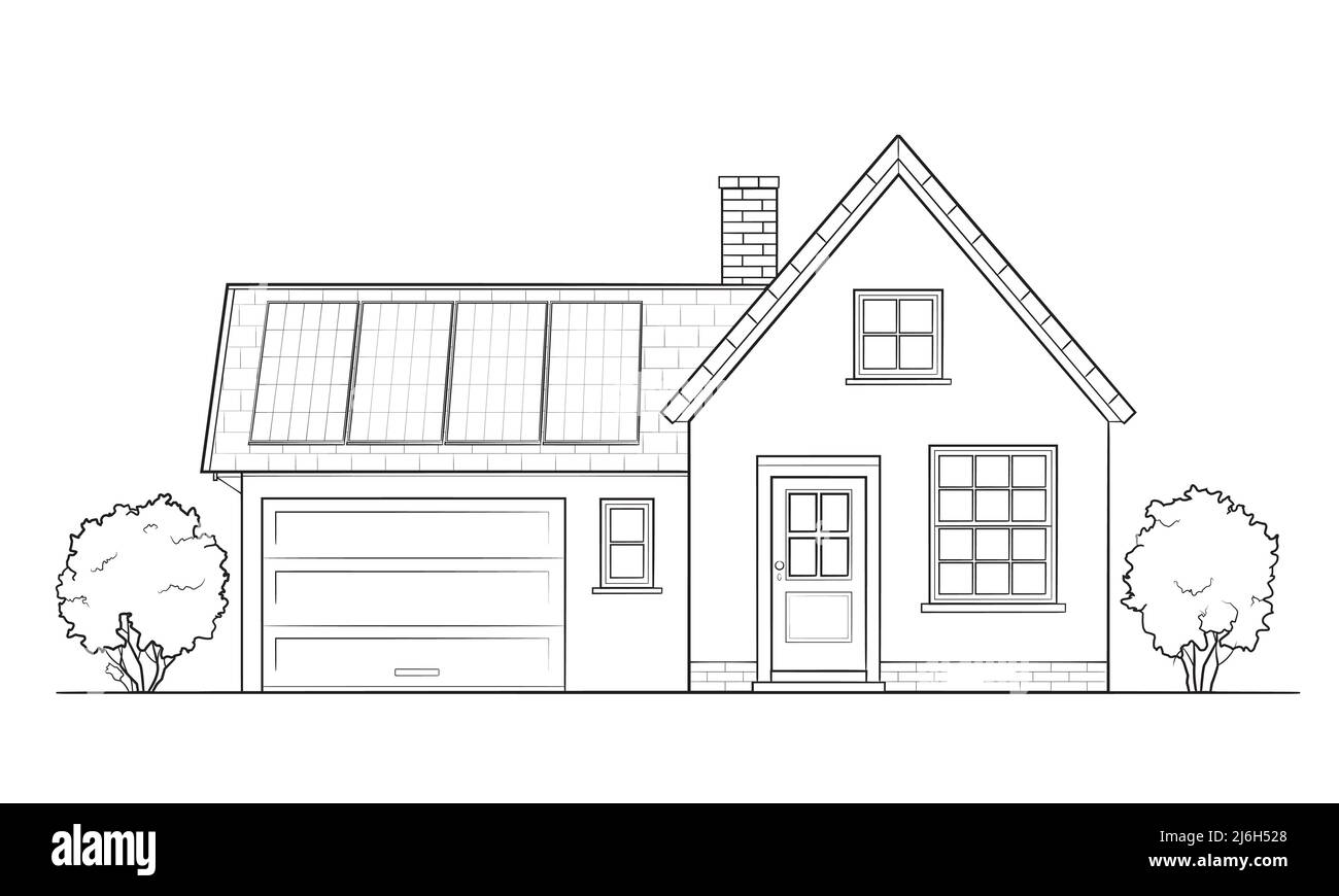 Classic family house with solar panel - stock outline illustration of a ...