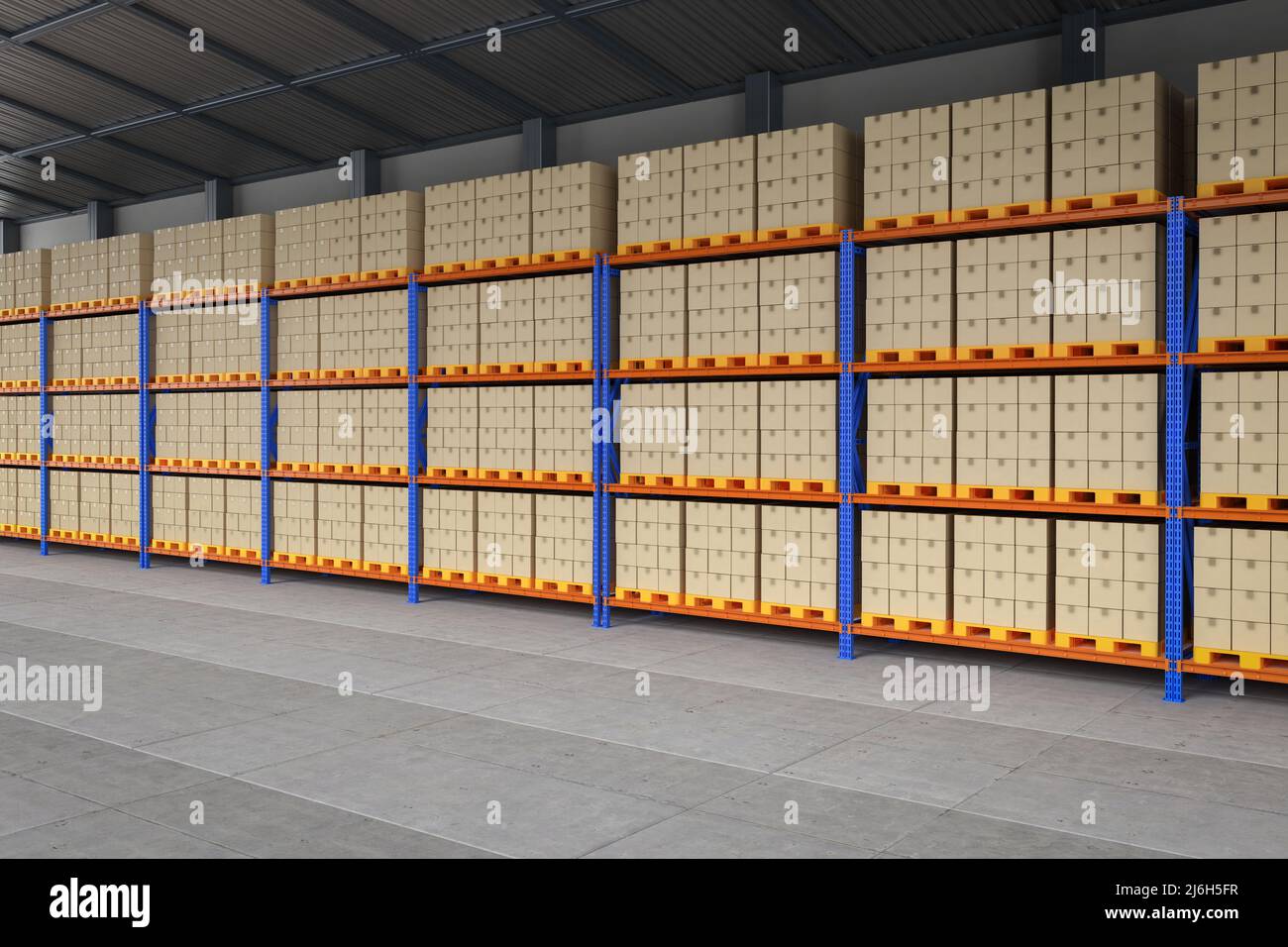 3d rendering racks full of carton boxes in warehouse Stock Photo - Alamy