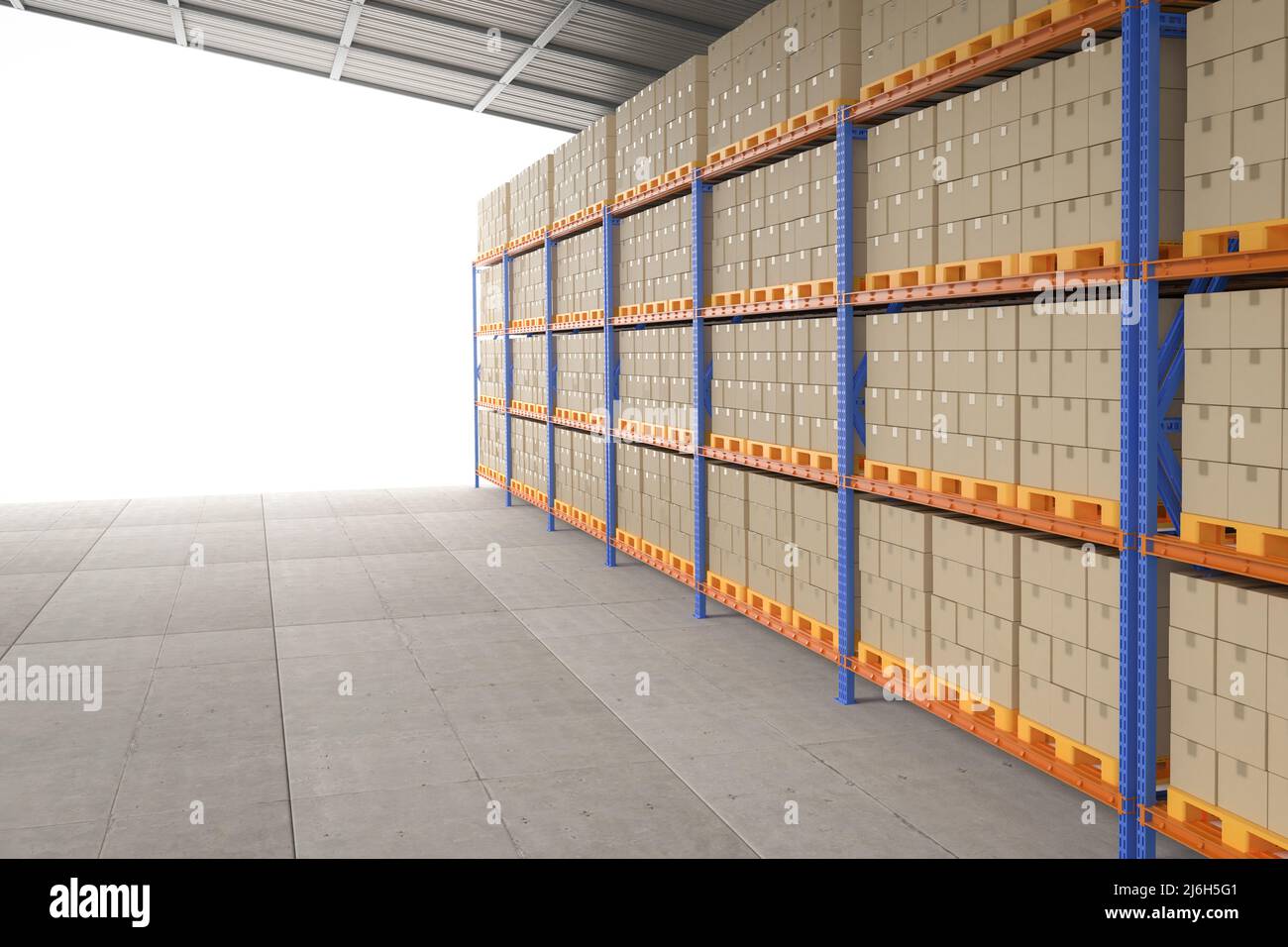 3d rendering racks full of carton boxes in warehouse Stock Photo - Alamy