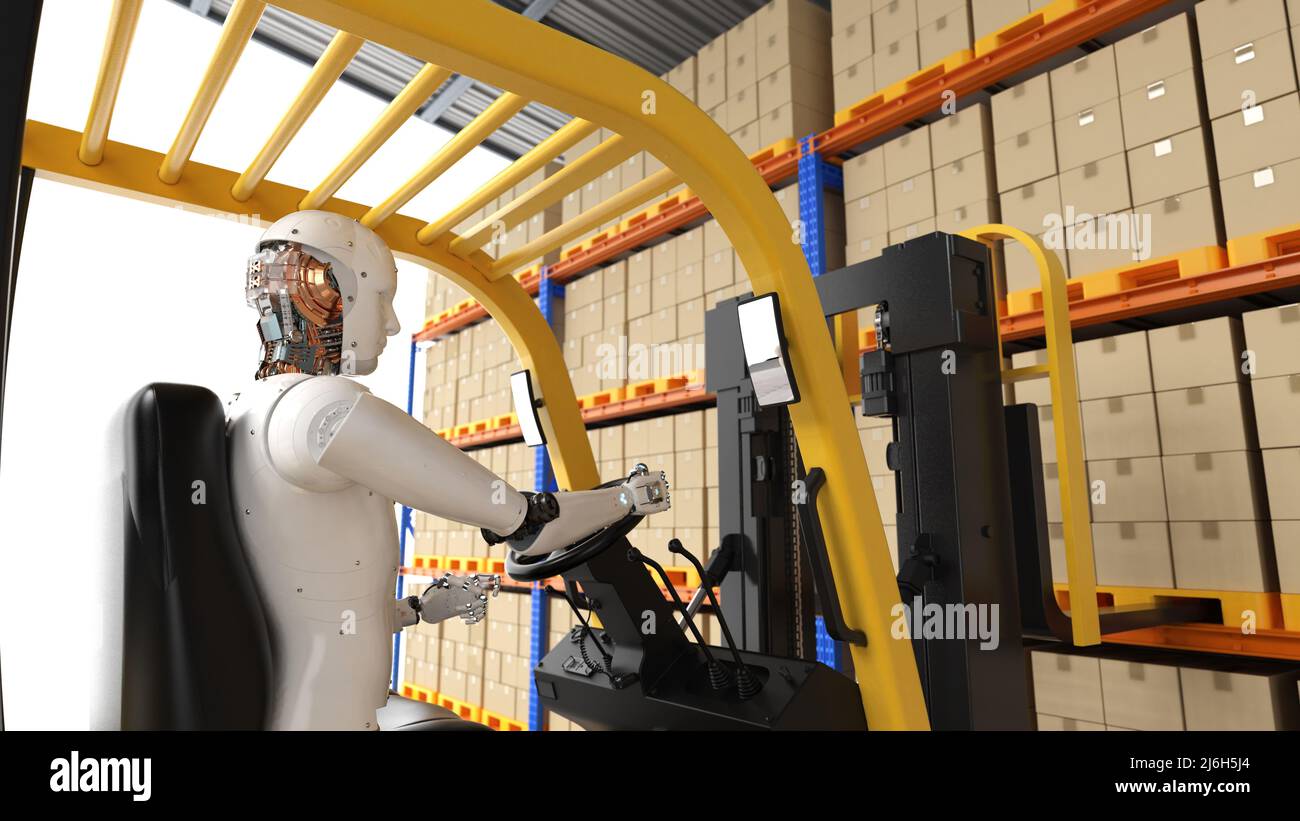 Automation warehouse management with 3d rendering robot drive forklift ...