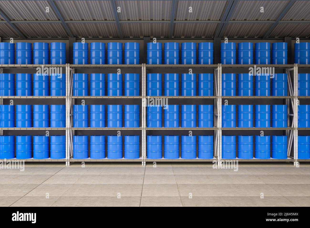 3d rendering stack of blue barrels in warehouse Stock Photo - Alamy