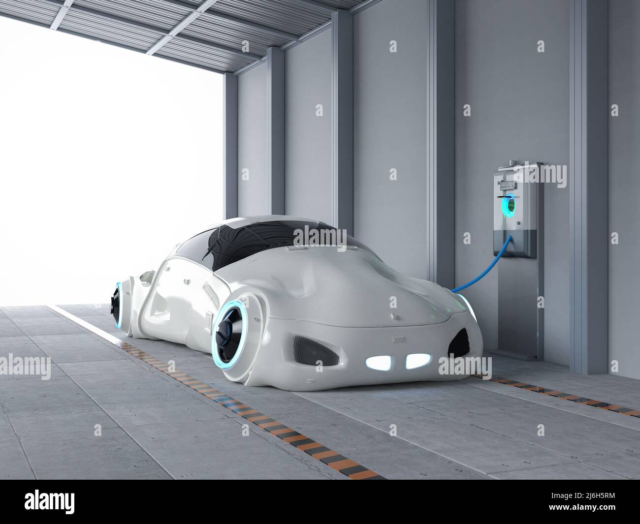3d rendering driverless car or autonomous car plug in with ev charging ...