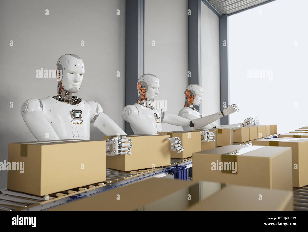 Automation factory with 3d rendering robot assembly line working with carton boxes on conveyor ...