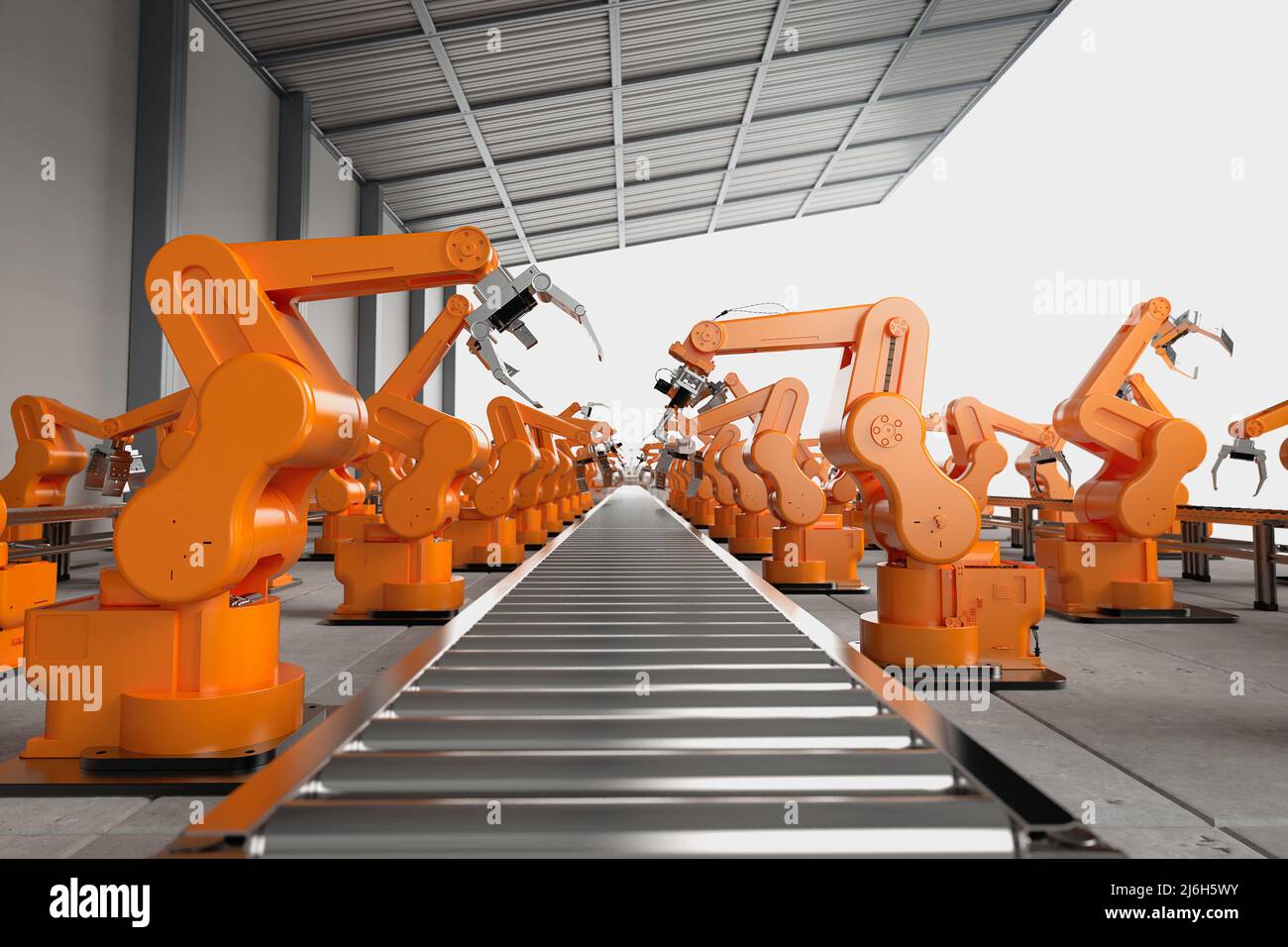 Automation industry concept with 3d rendering robot assembly line in ...