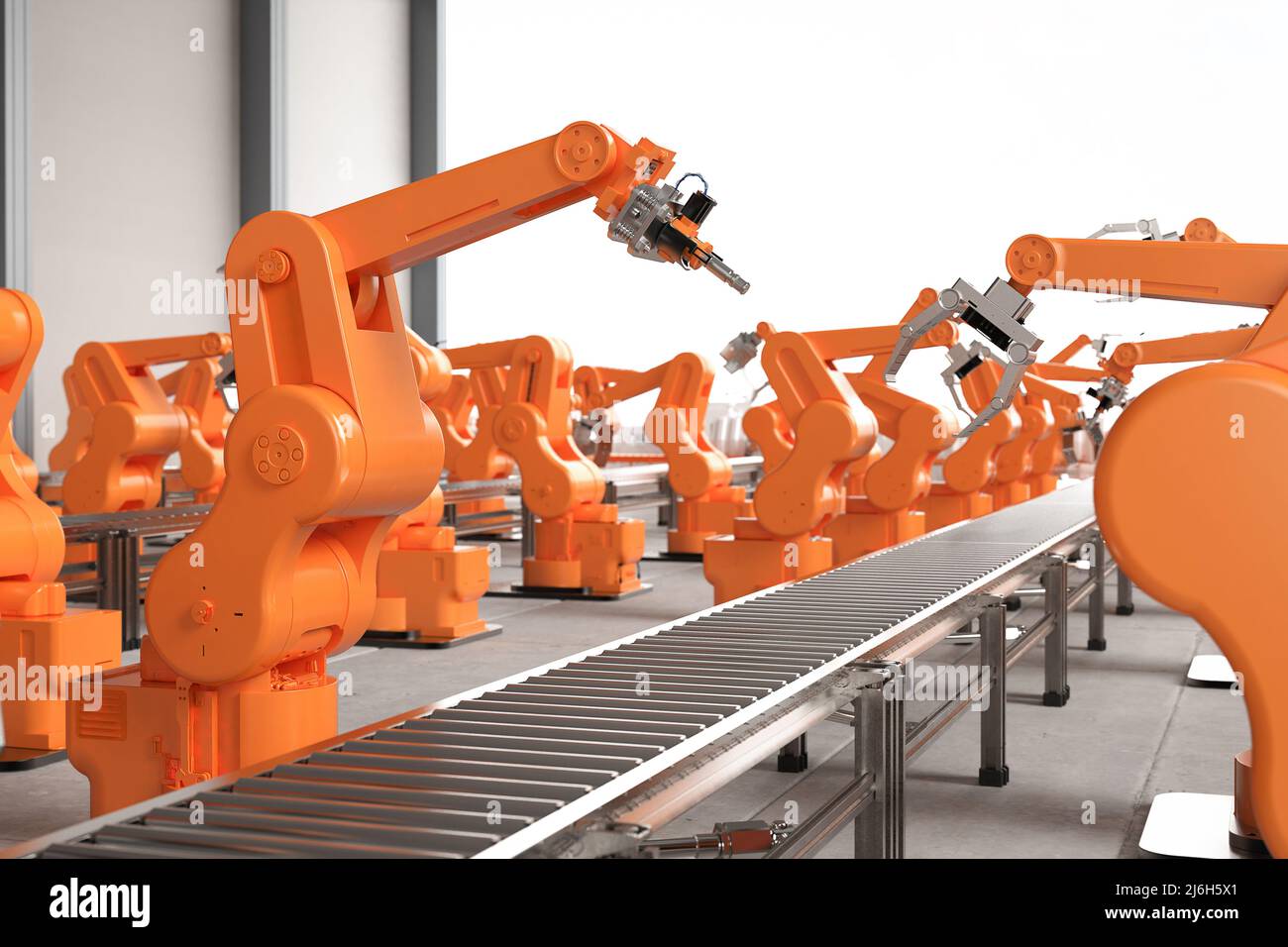 Automation industry concept with 3d rendering robot assembly line in factory Stock Photo - Alamy