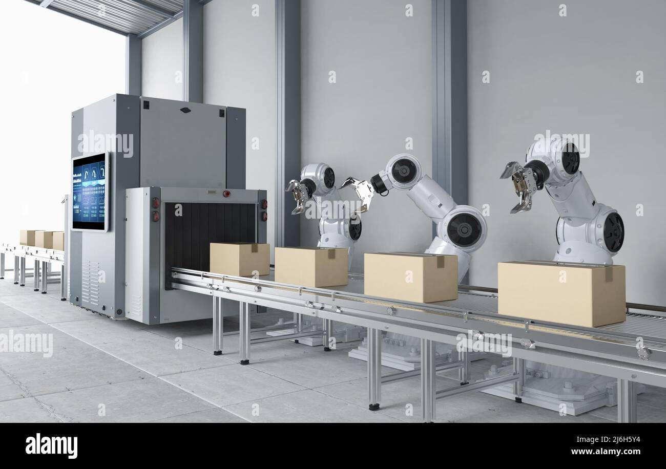 Automation industry concept with 3d rendering robot assembly line in ...