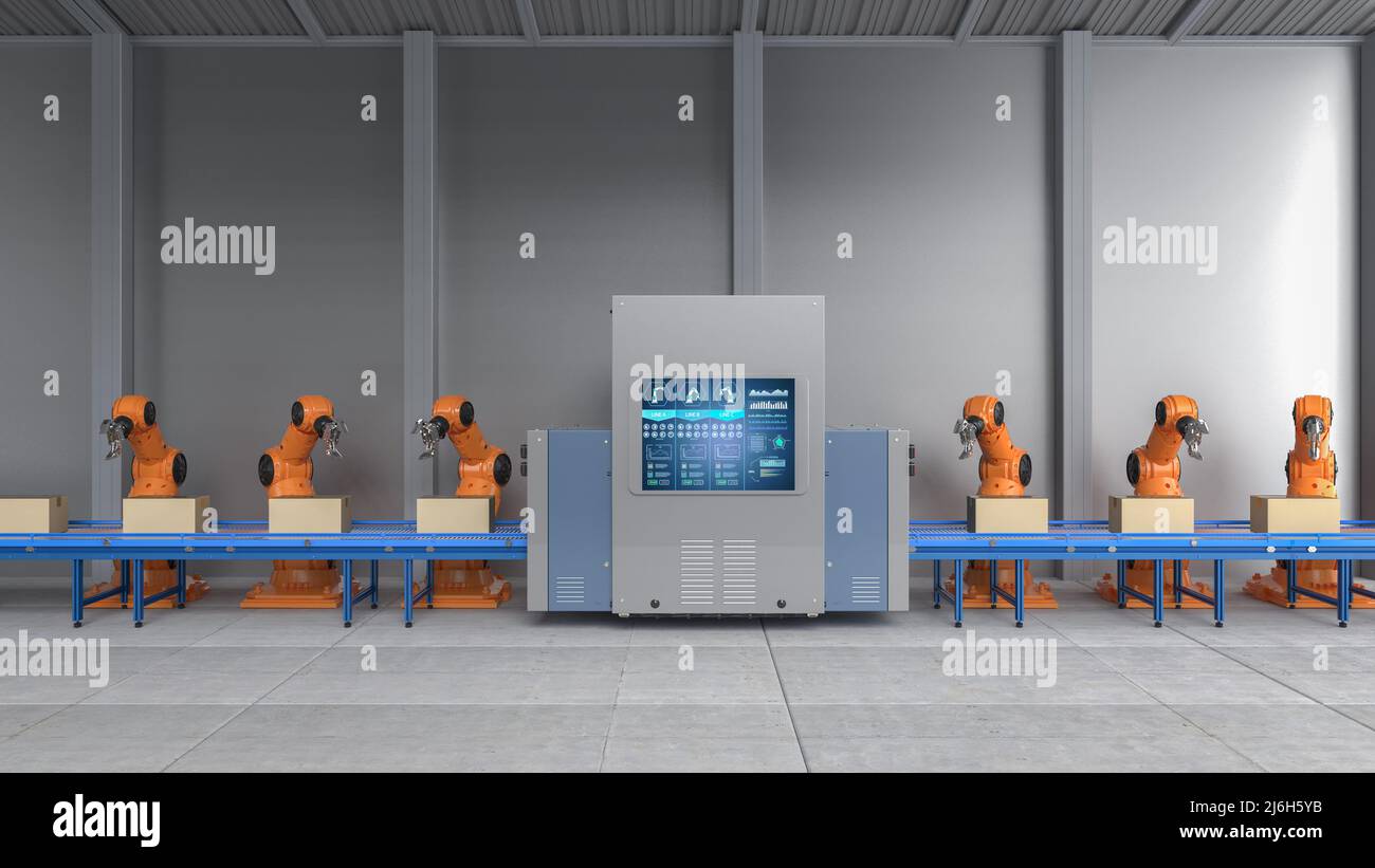 Automation industry concept with 3d rendering robot assembly line in ...
