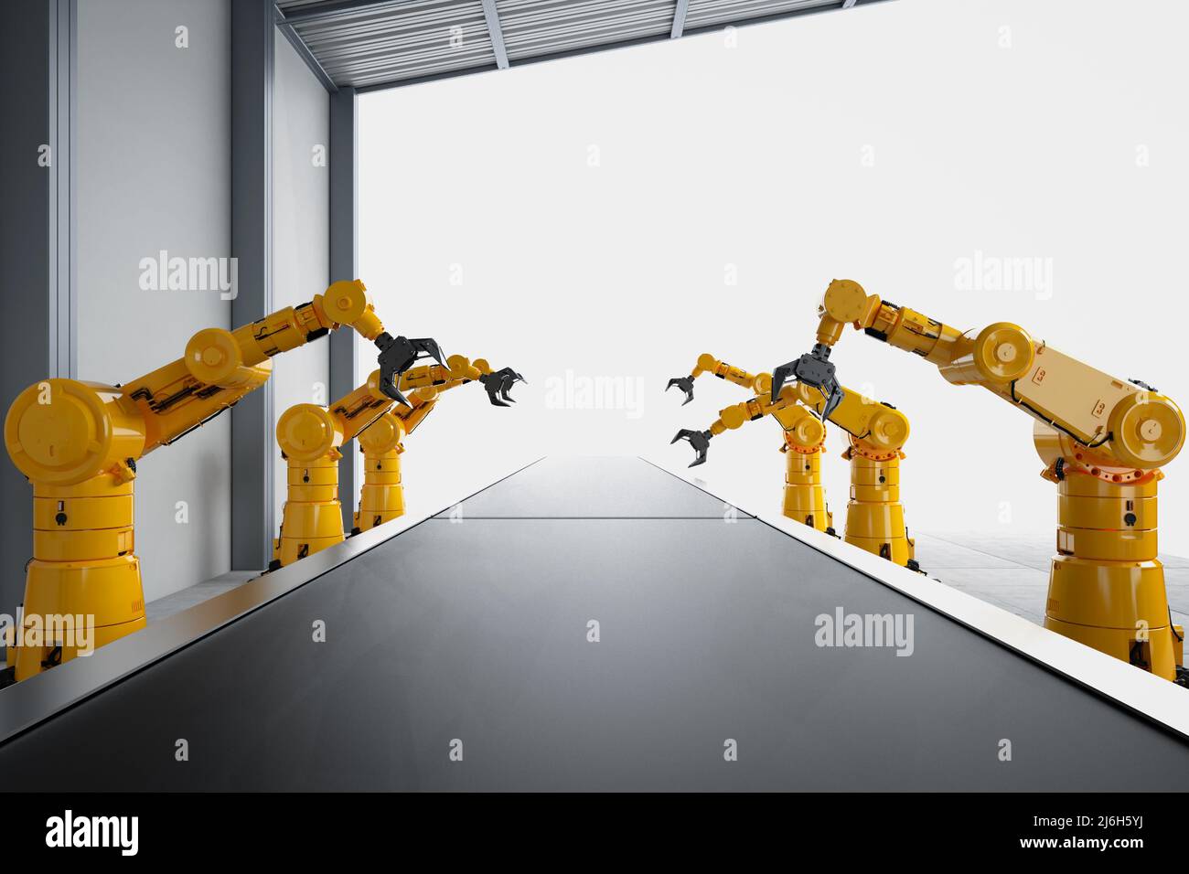 Automation industry concept with 3d rendering robot assembly line in ...