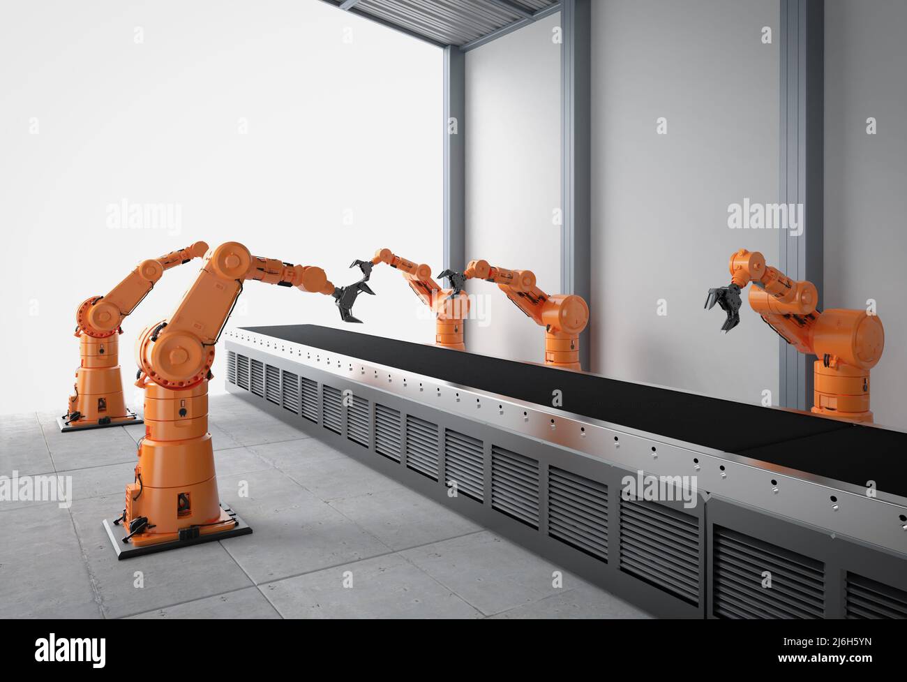 Automation industry concept with 3d rendering robot assembly line in ...