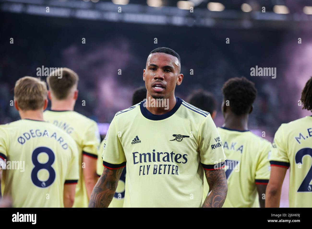 Gabriel #6 of Arsenal celebrates his goal to make it 1-2 in London ...