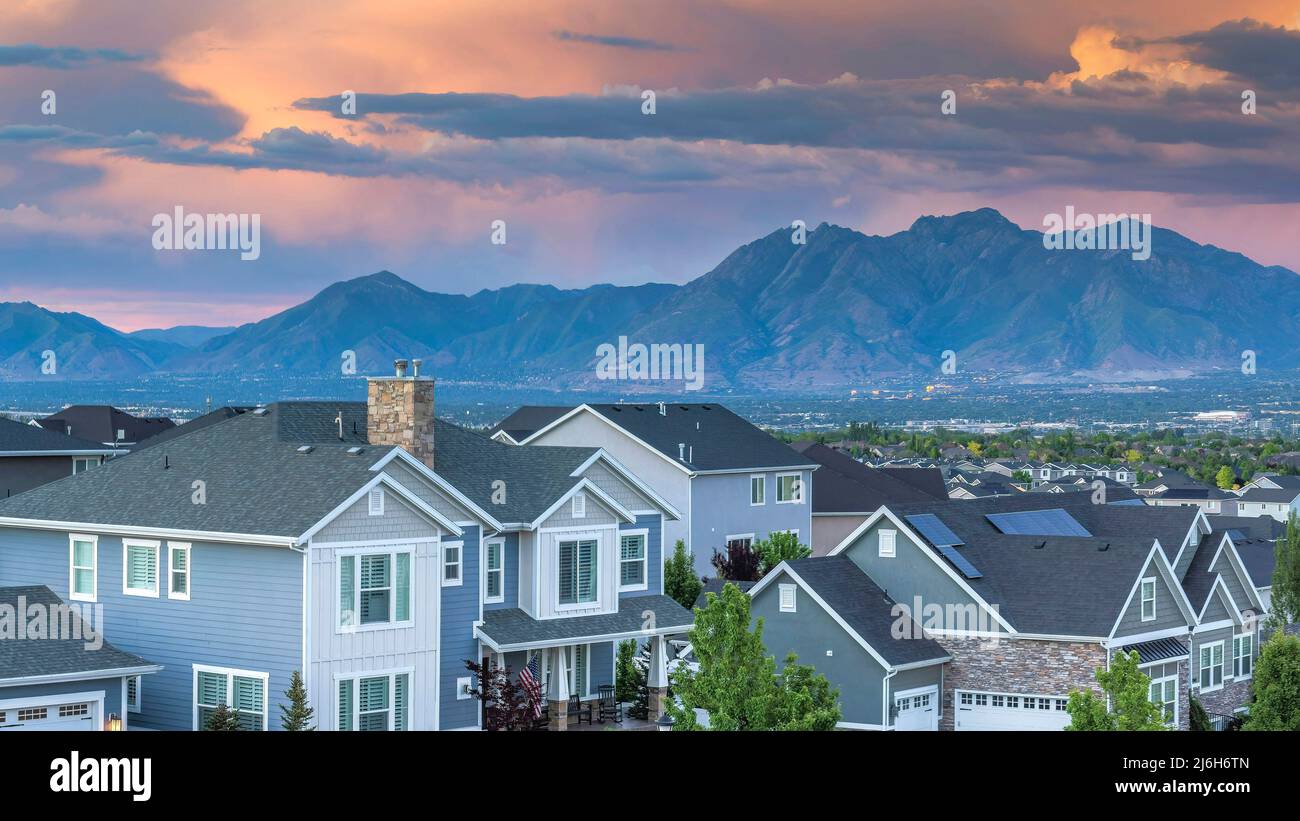Panorama Dramatic sunset with clouds Panoramic view of Salt Lake City ...