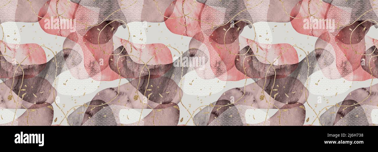 Seamless watercolor abstract organic blob shape overlay with gold lines ...