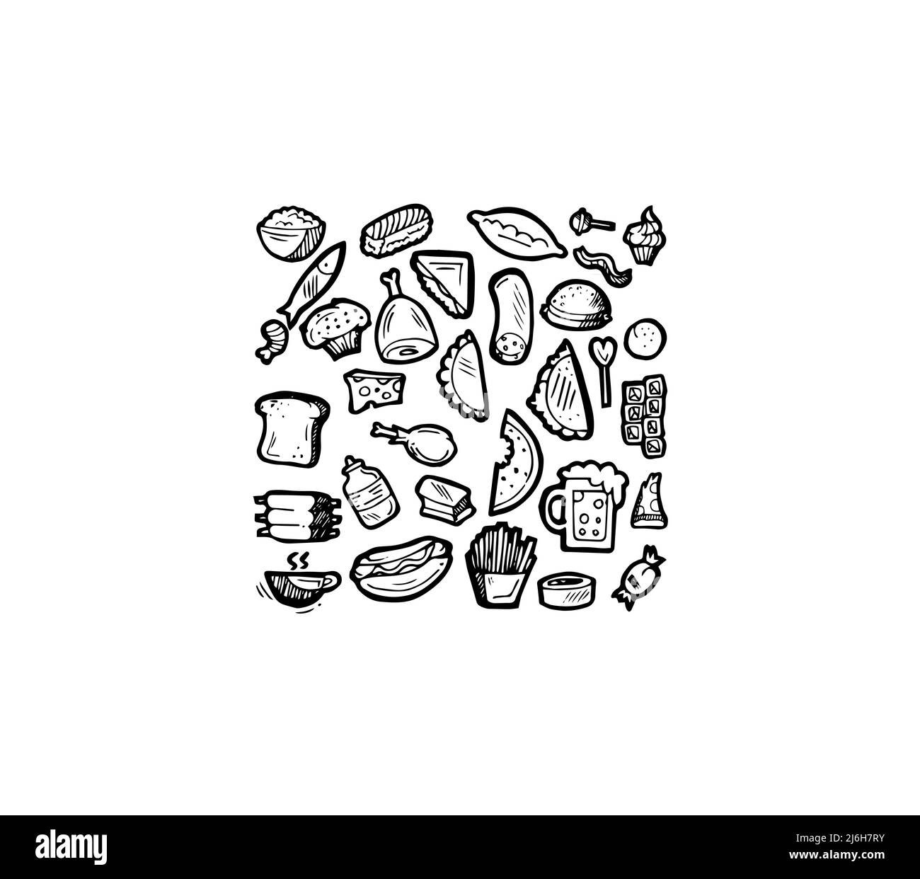 Set of food. Baking buns and meat dishes. Hand drawing outline ...