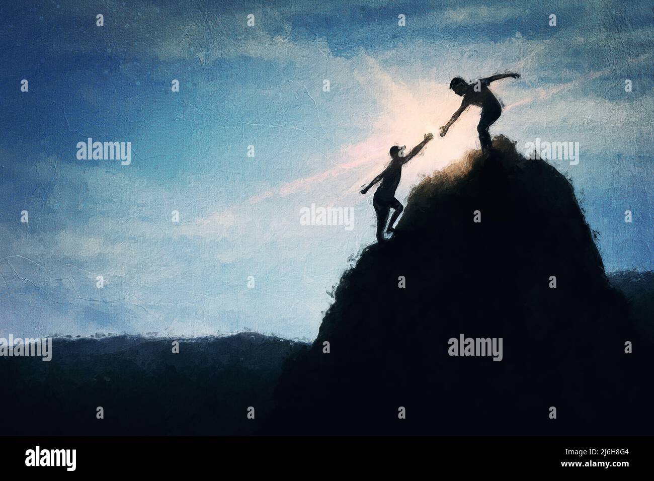 Conceptual painting with two friends climbing a mountain together ...