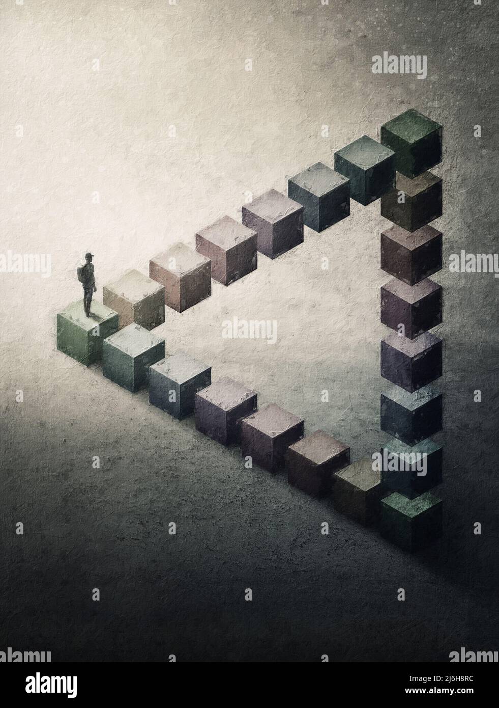 Surreal painting illusion of a man lost on a penrose triangle. Infinity ...