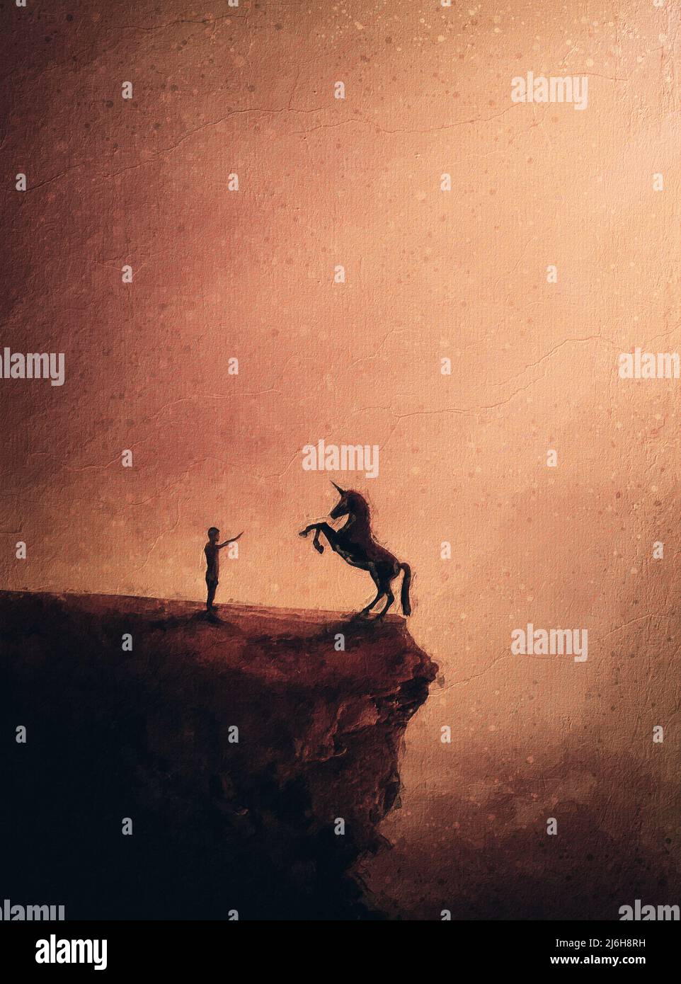 Mythical wild unicorn tamed by a brave person on the edge of a cliff ...
