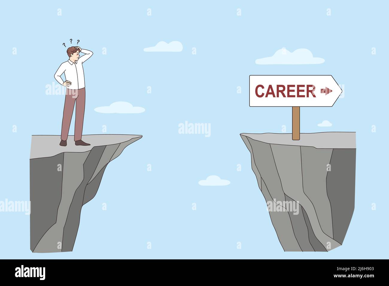 Confused businessman stand in front of cliff make risky business ...