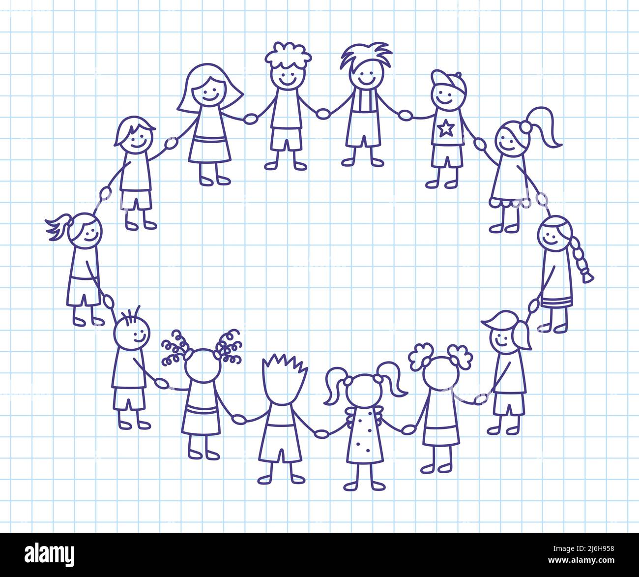 Happy doodle stick children holding hands. Hand drawn funny kids in ...