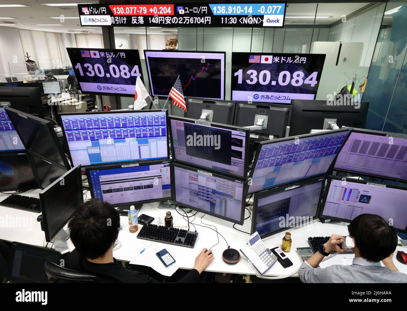 May 2, 2022, Tokyo, Japan - Money dealers trade under foreign exchange ...