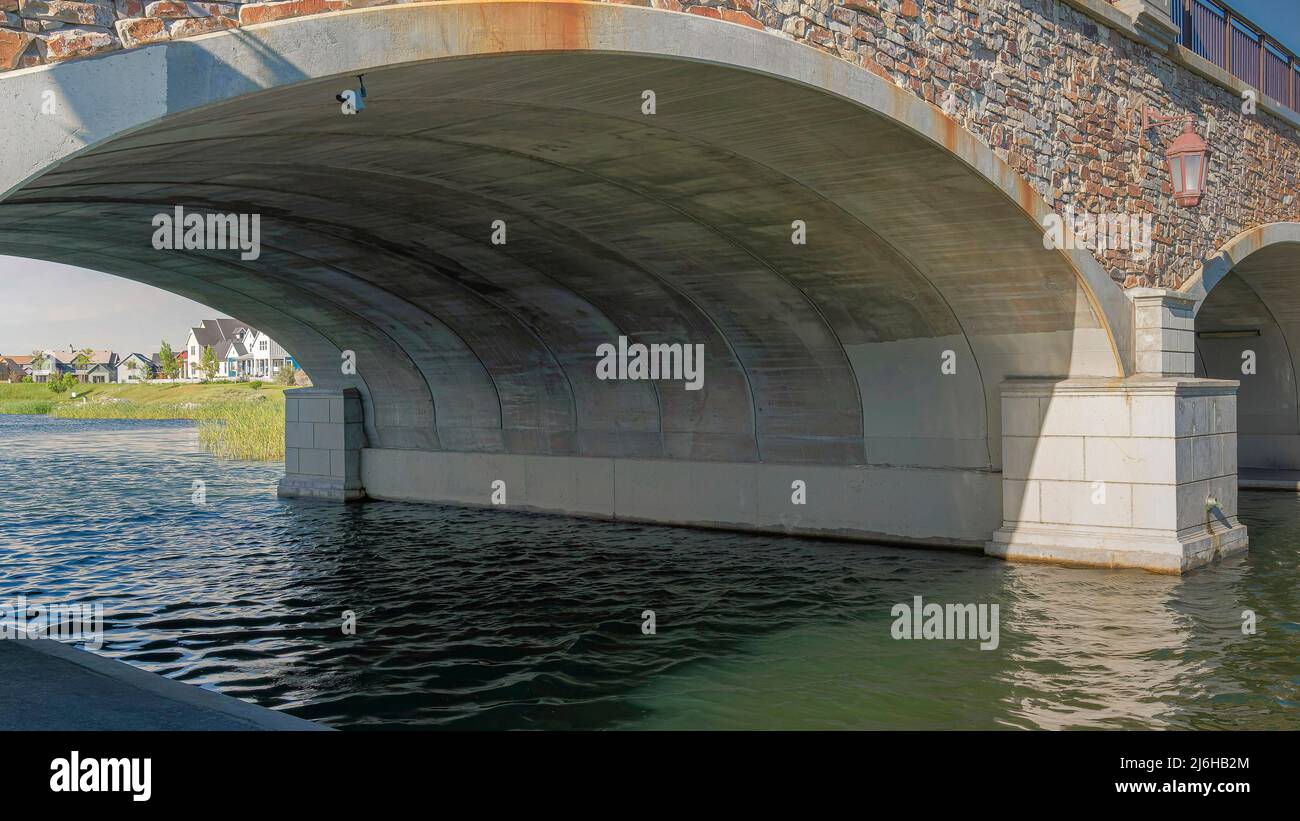 Panorama Whispy white clouds Double arched bridge with stone walls and ...