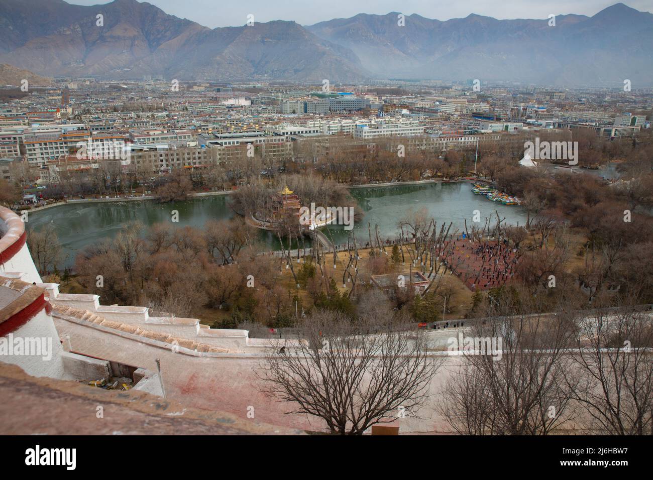 View overlooking the valley Lhasa from the Potala Palace Stock Photo ...