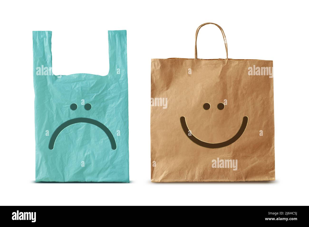 Plastc bag with sad expression and recycled paper bag with happy ...