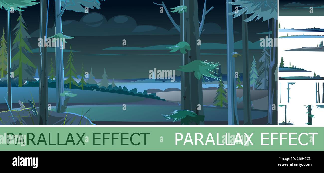 Night landscape with trees and fir trees with parallax effect. Trunks ...