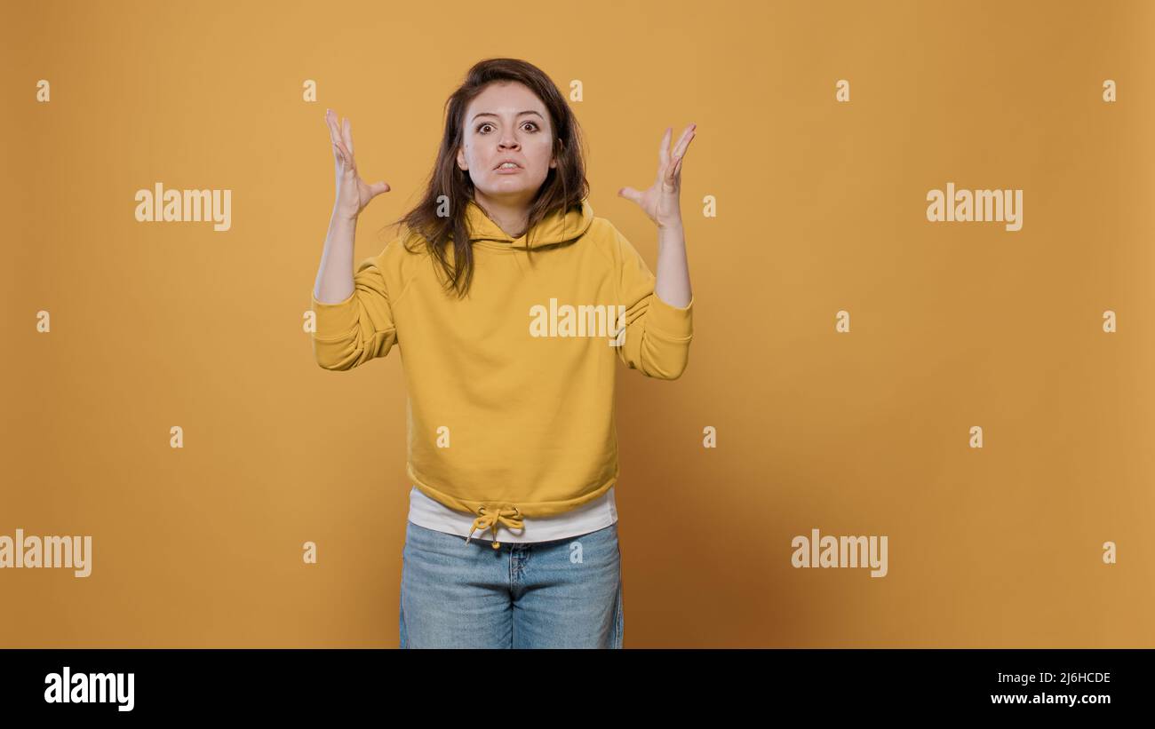 Portrait of angry woman feeling frustrated and mad doing exasperated ...