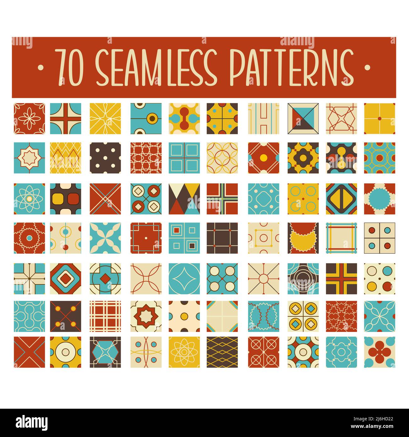 Set of 70 retro vector geometric seamless patterns (tiling) of blue, red, ivory, brown and ...