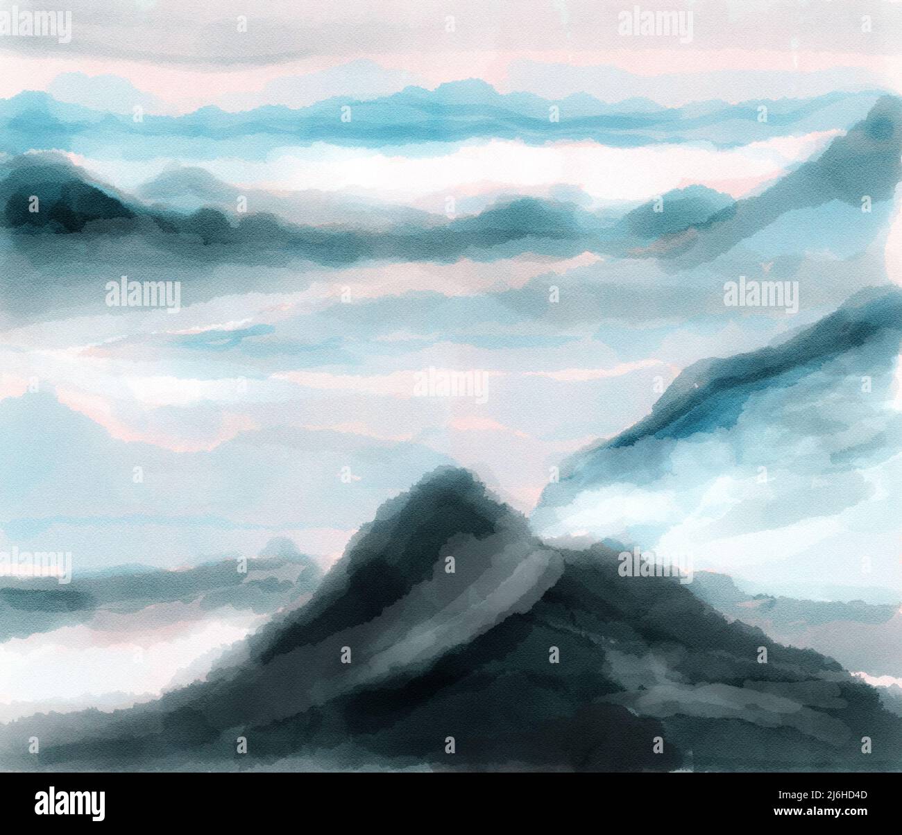 Watercolor illustration, distant mountains peaks and foggy hills ...