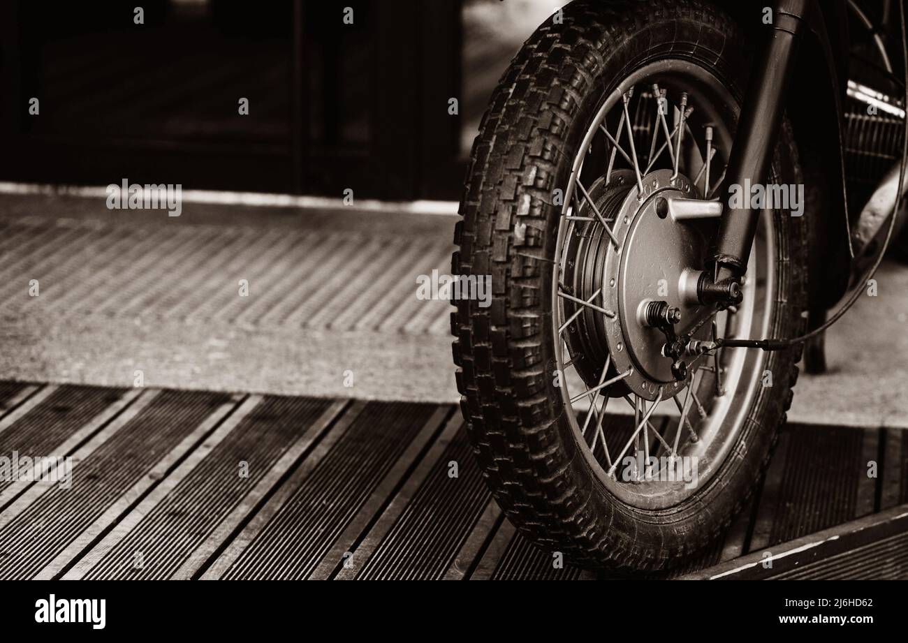 wheel of retro motorcycle. Brake system of a motorbike. vintage toned ...