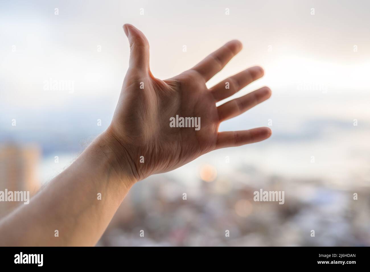 Hand of a man reaching to towards sky Stock Photo - Alamy
