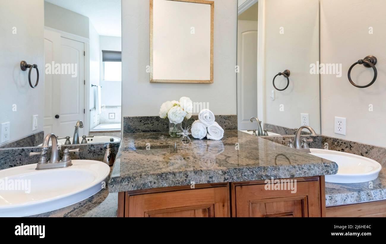 Panorama Double vanity sinks with cabinet countertop and picture frame ...