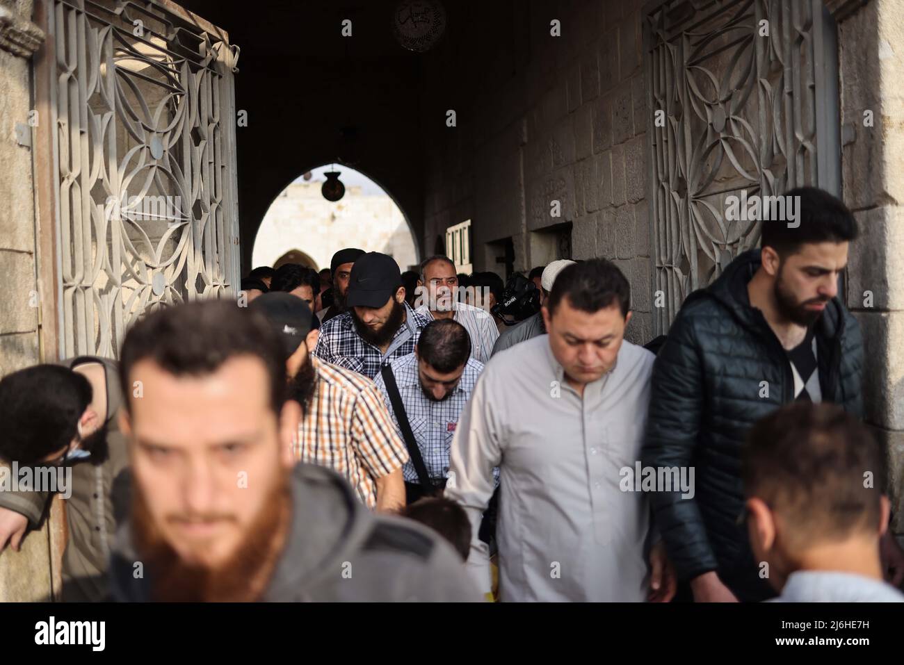 02 May 2022, Syria, Idlib: Syrian Muslims leave after performing Eid al ...