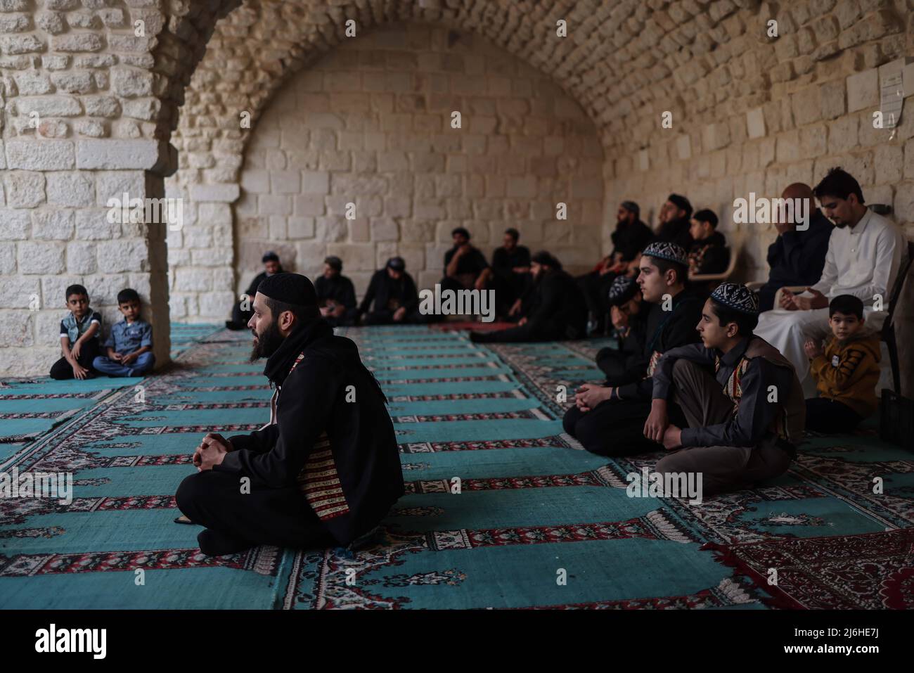 02 May 2022, Syria, Idlib: Syrian Muslims perform Eid al-Fitr prayer at ...