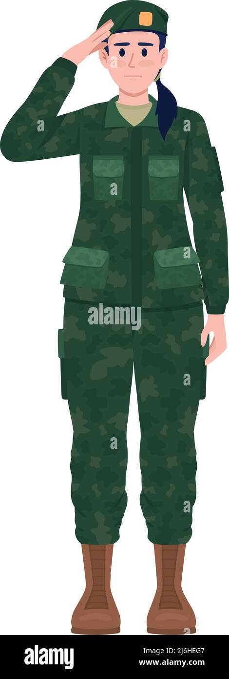 Female soldier in uniform saluting semi flat color vector character ...