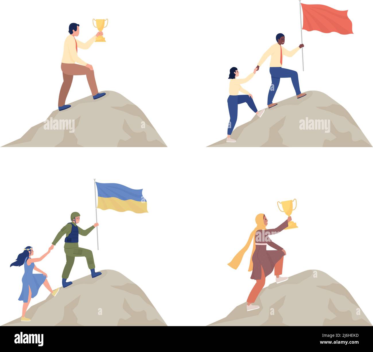 Goals setting and achievement semi flat color vector character set ...