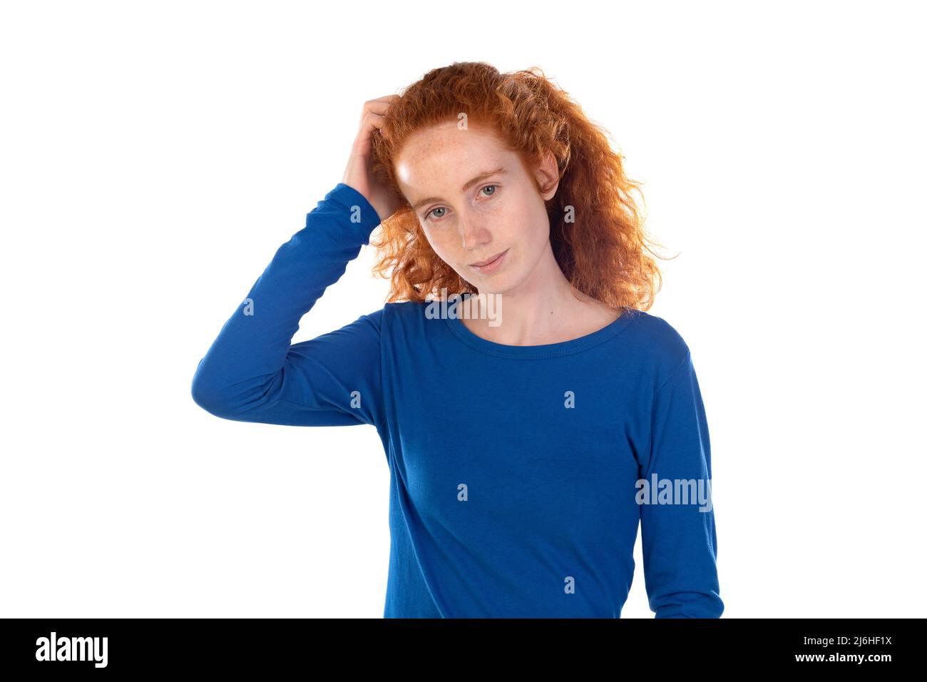Sad red-haired girl isolated on a white background Stock Photo - Alamy