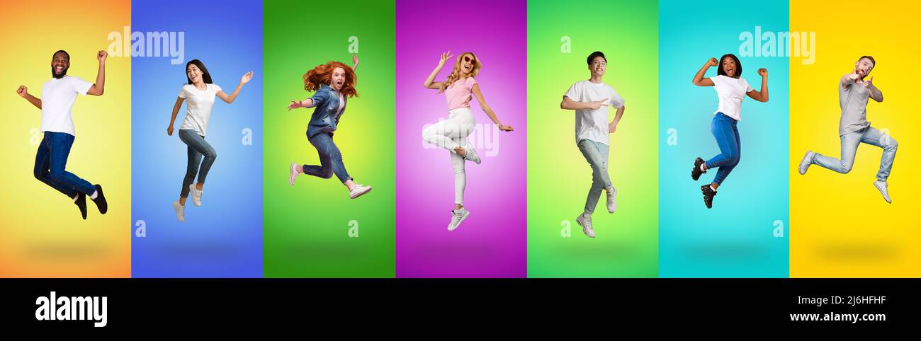 Collection of full length photos of happy millennials, collage Stock ...