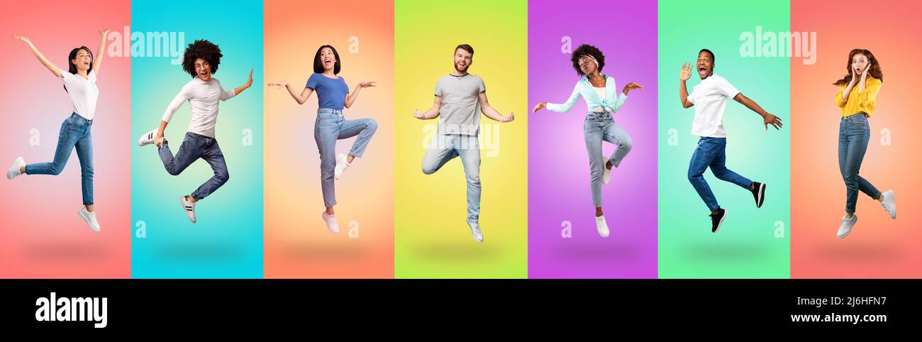 Multinational young people having fun over colorful studio backgrounds ...
