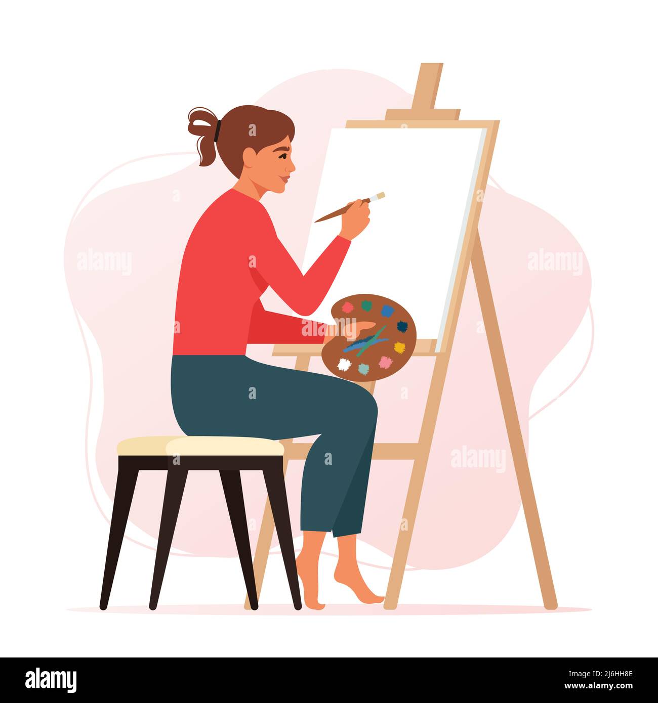 Woman Artist drawing on easel in workshop studio or at home. Flat ...