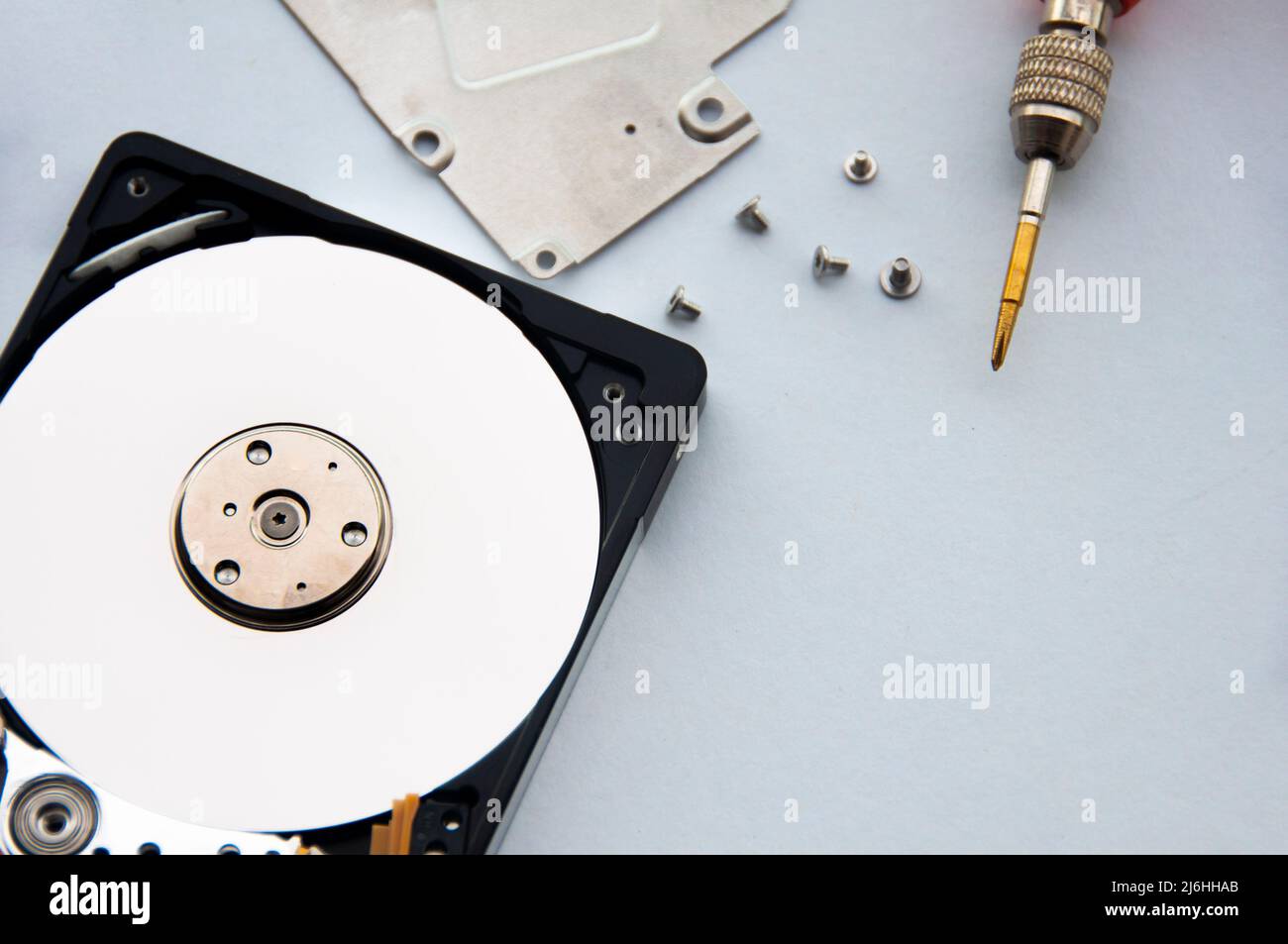 The abstract image of inside of hard disk drive on white cover ...