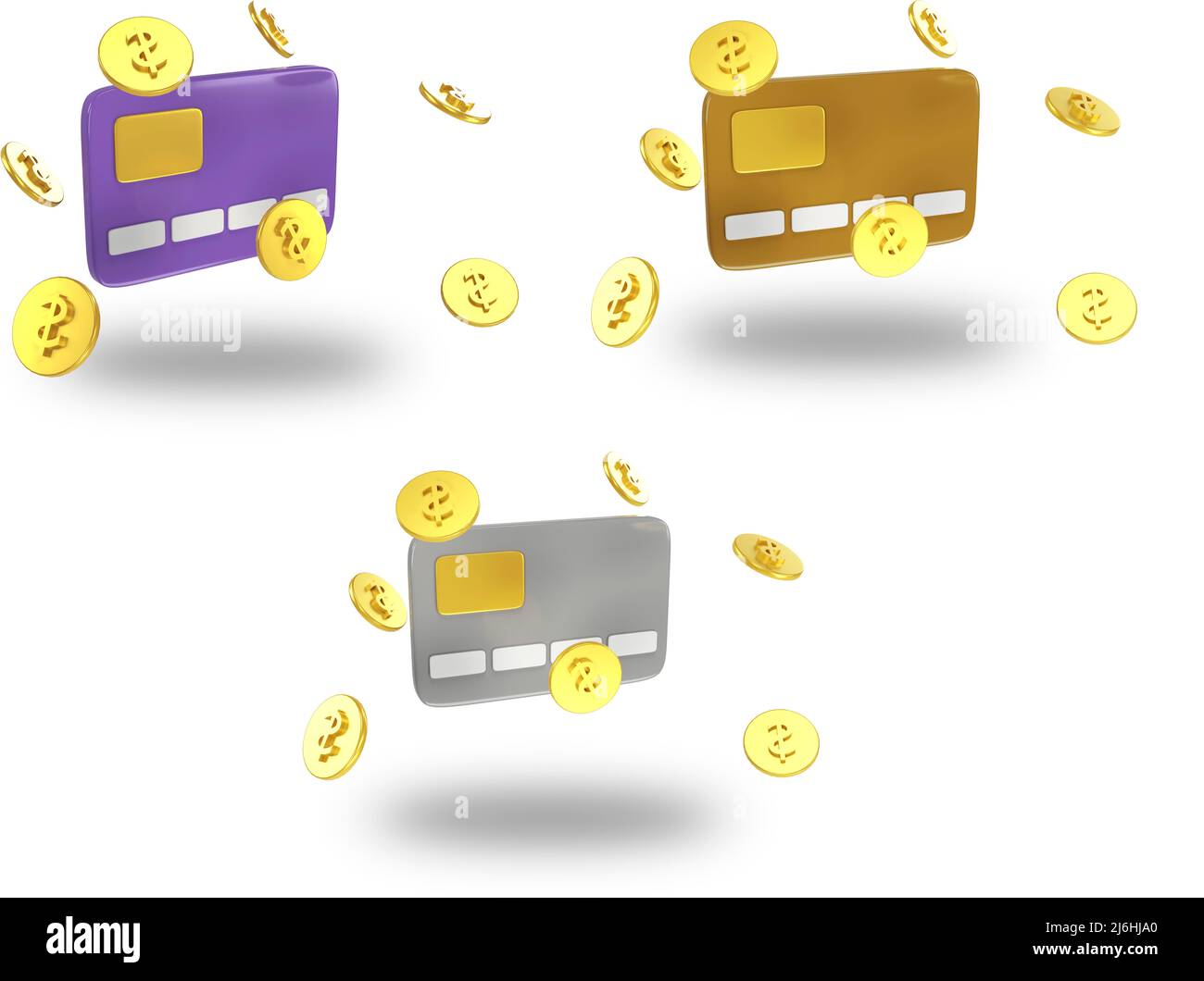 Bank card and floating coins around on white background. 3d render ...