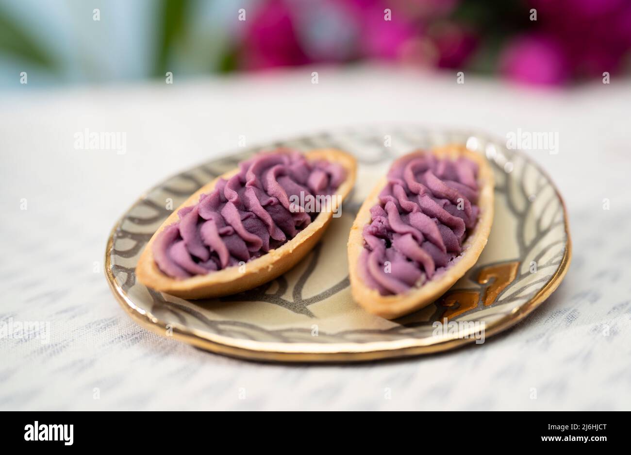 Beni-imo tart from the Okashigoten Store, Okinawa, Japan. Beni-imo is the purple sweet potato ...