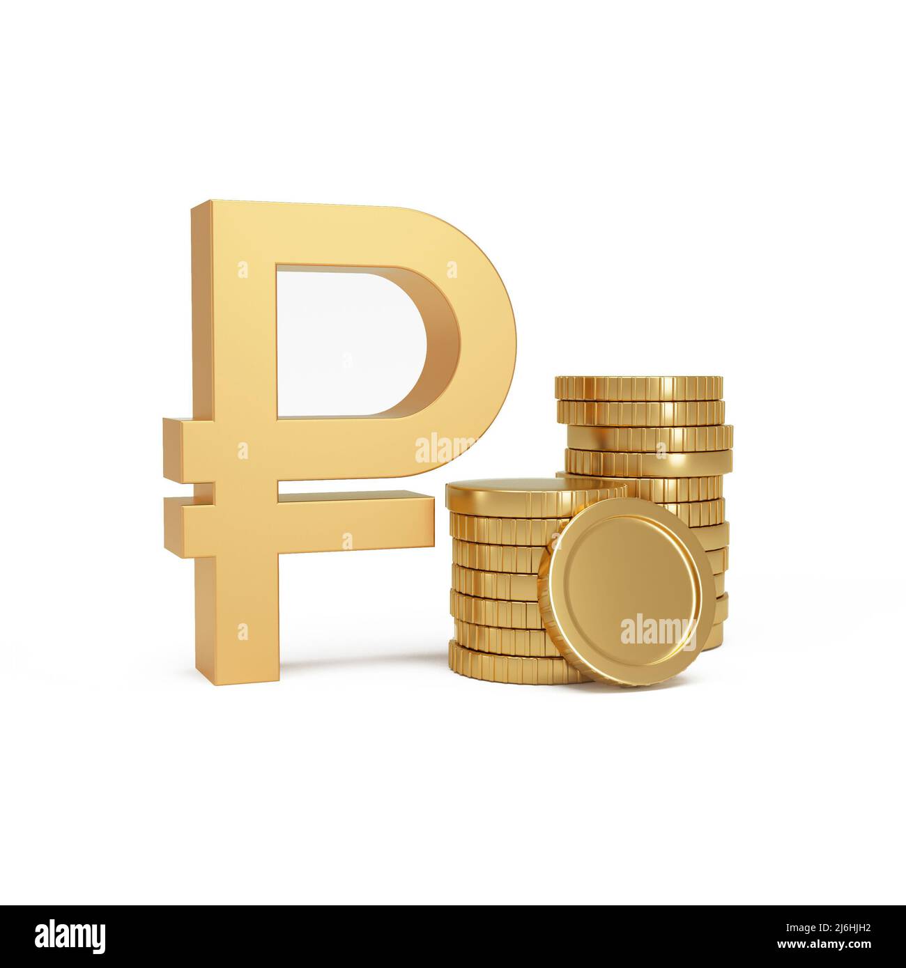 Russian ruble money symbol next to Stack of gold coins on a white ...