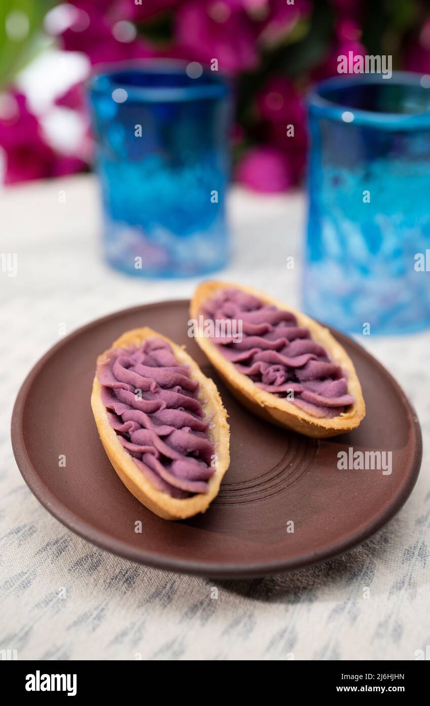 Beni-imo tart from the Okashigoten Store, Okinawa, Japan. Beni-imo is ...