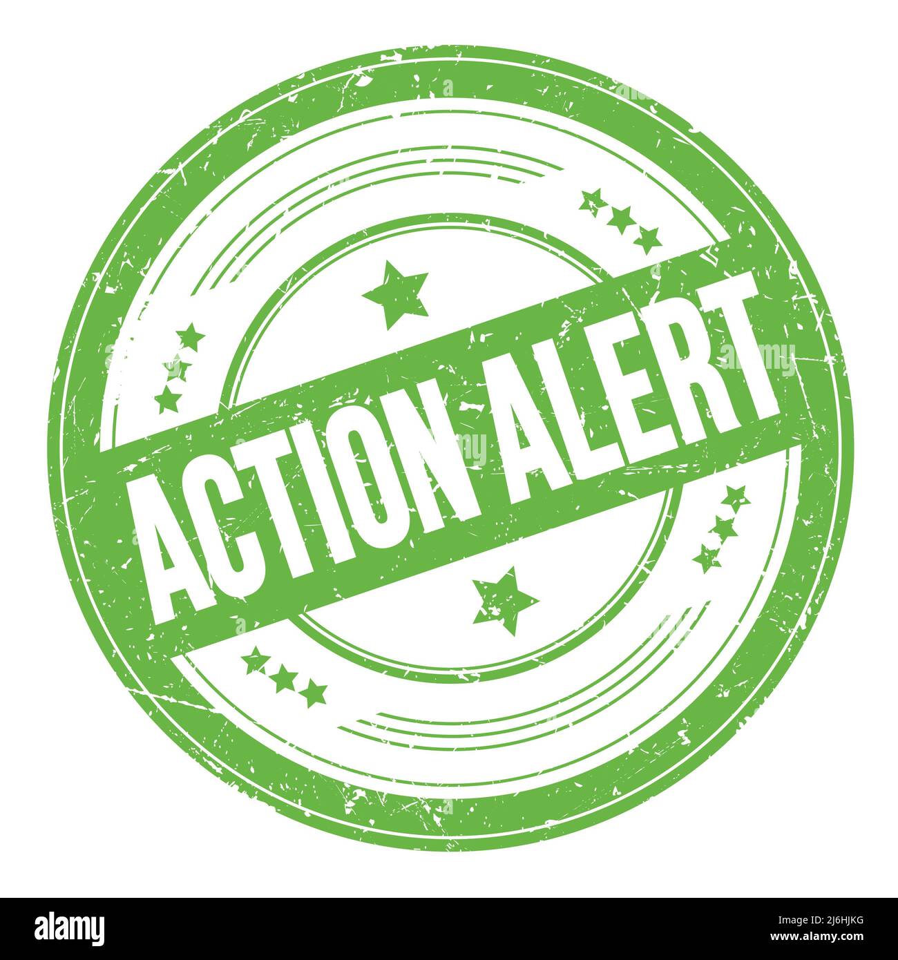 ACTION ALERT text on green round grungy texture stamp Stock Photo - Alamy