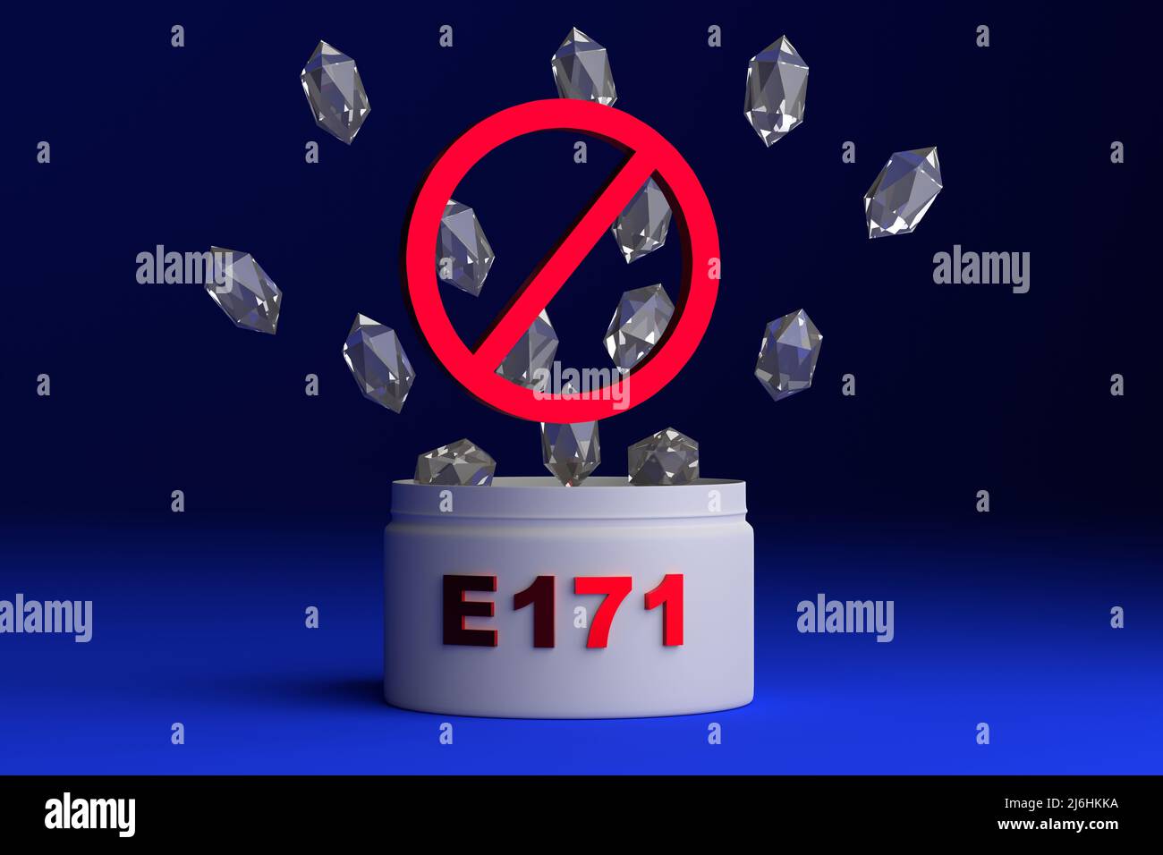 Crystals of additive E171. Danger and prohibition Titanium dioxide ...
